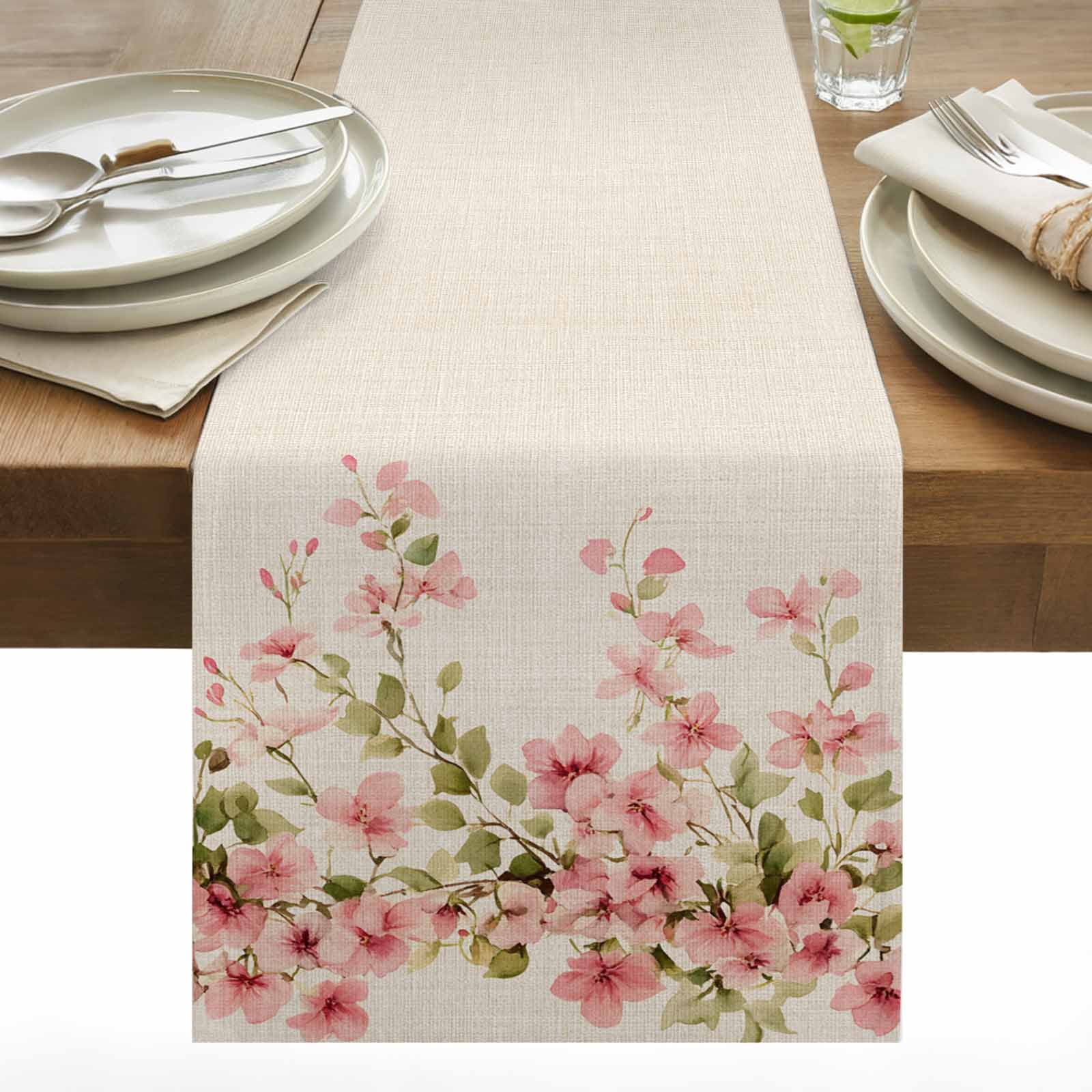 Spring Floral Cotton Linen Table Runner Pink Flowers Green Leaves Linen ...
