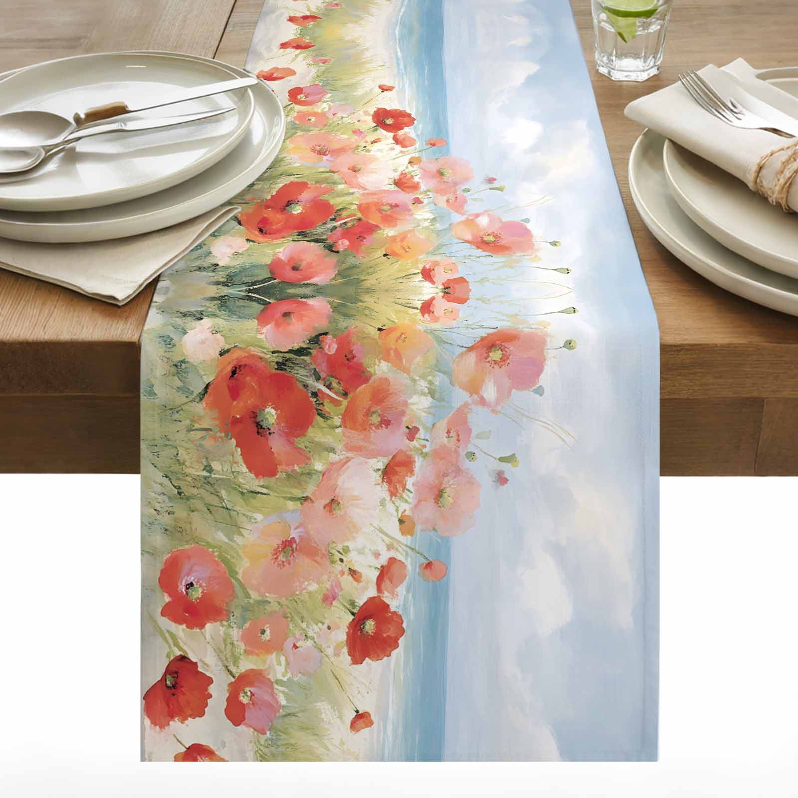 Spring Floral Cotton Linen Table Runner Poppy Grass Sky Seaside Nature ...