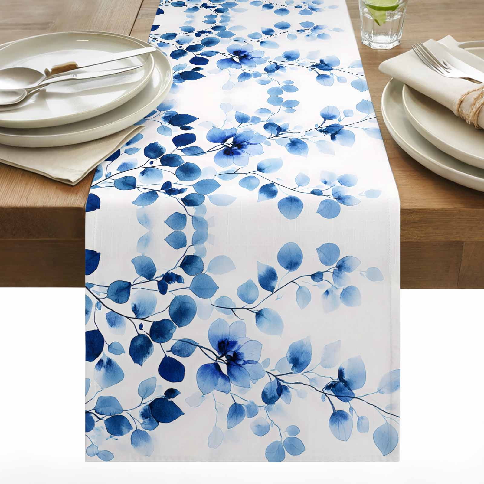 Spring Floral Cotton Linen Table Runner Rustic Watercolor Blue Flower ...