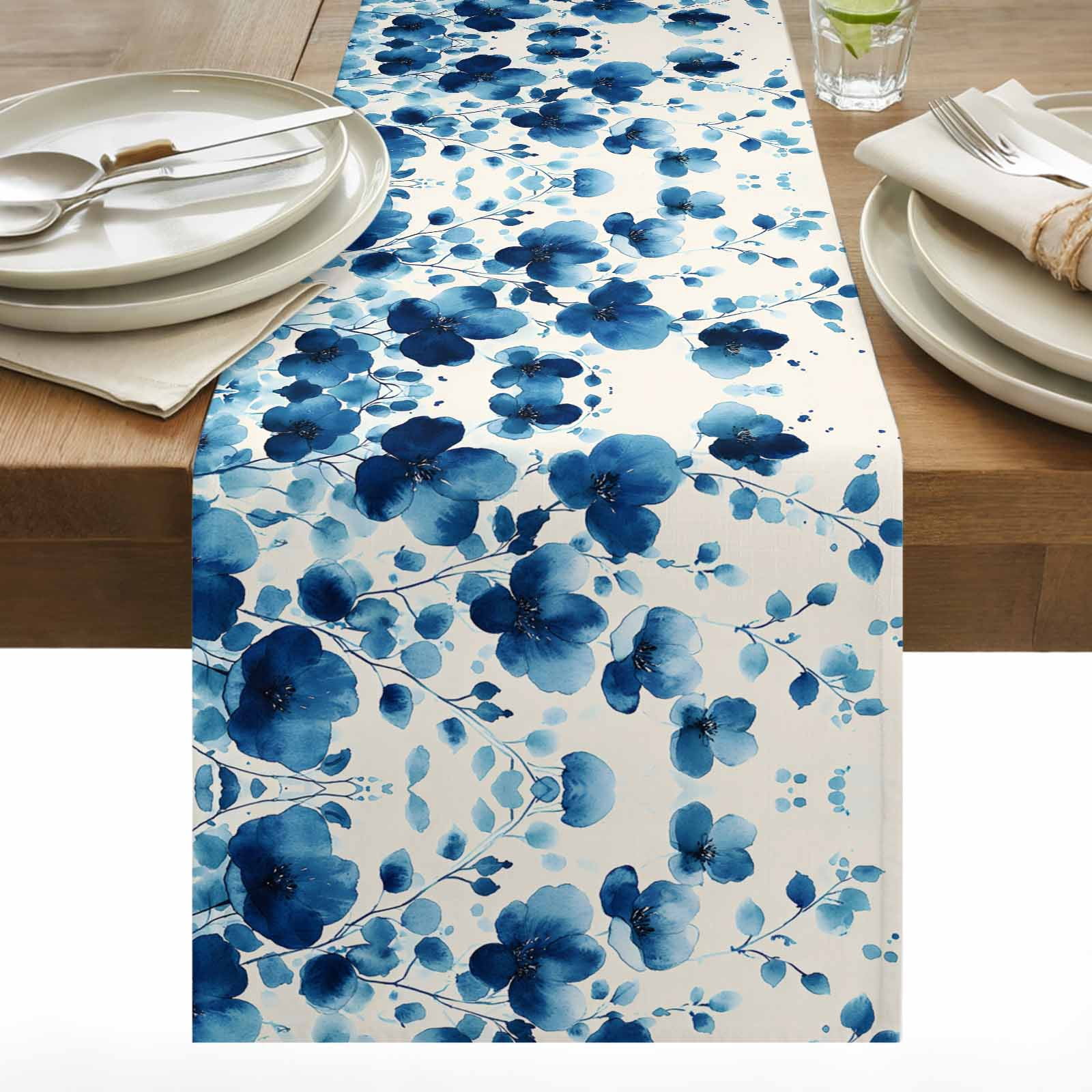 Spring Floral Cotton Linen Table Runner Vintage Watercolor Blue Flower ...