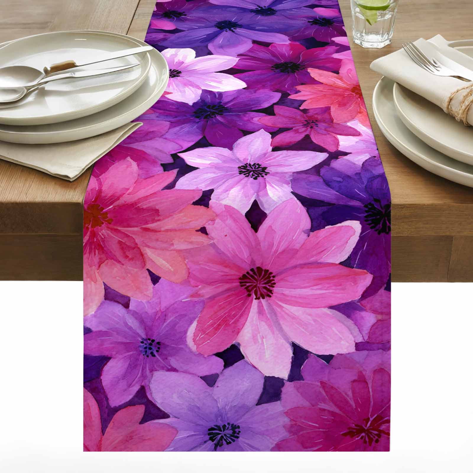 Spring Floral Cotton Linen Table Runner Vintage Watercolor Purple Pink ...