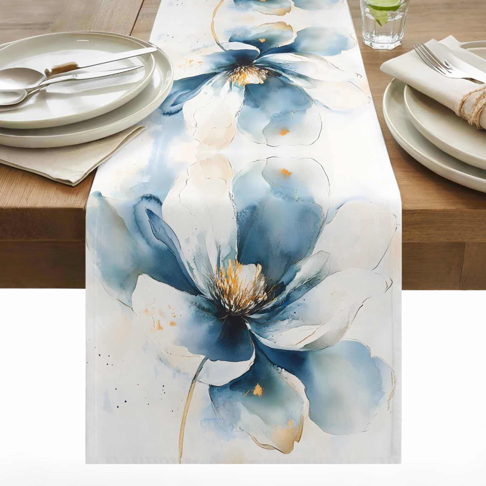 Spring Floral Cotton Linen Table Runner Watercolor Blooming Blue Flower ...