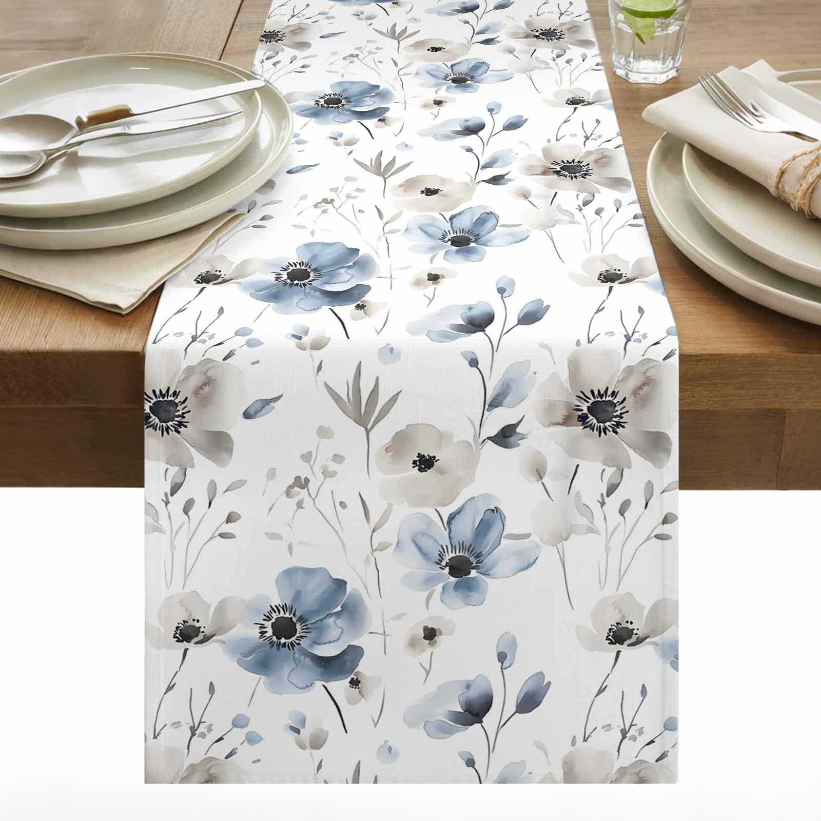 Spring Floral Cotton Linen Table Runner Watercolor Grey Blue Flower ...