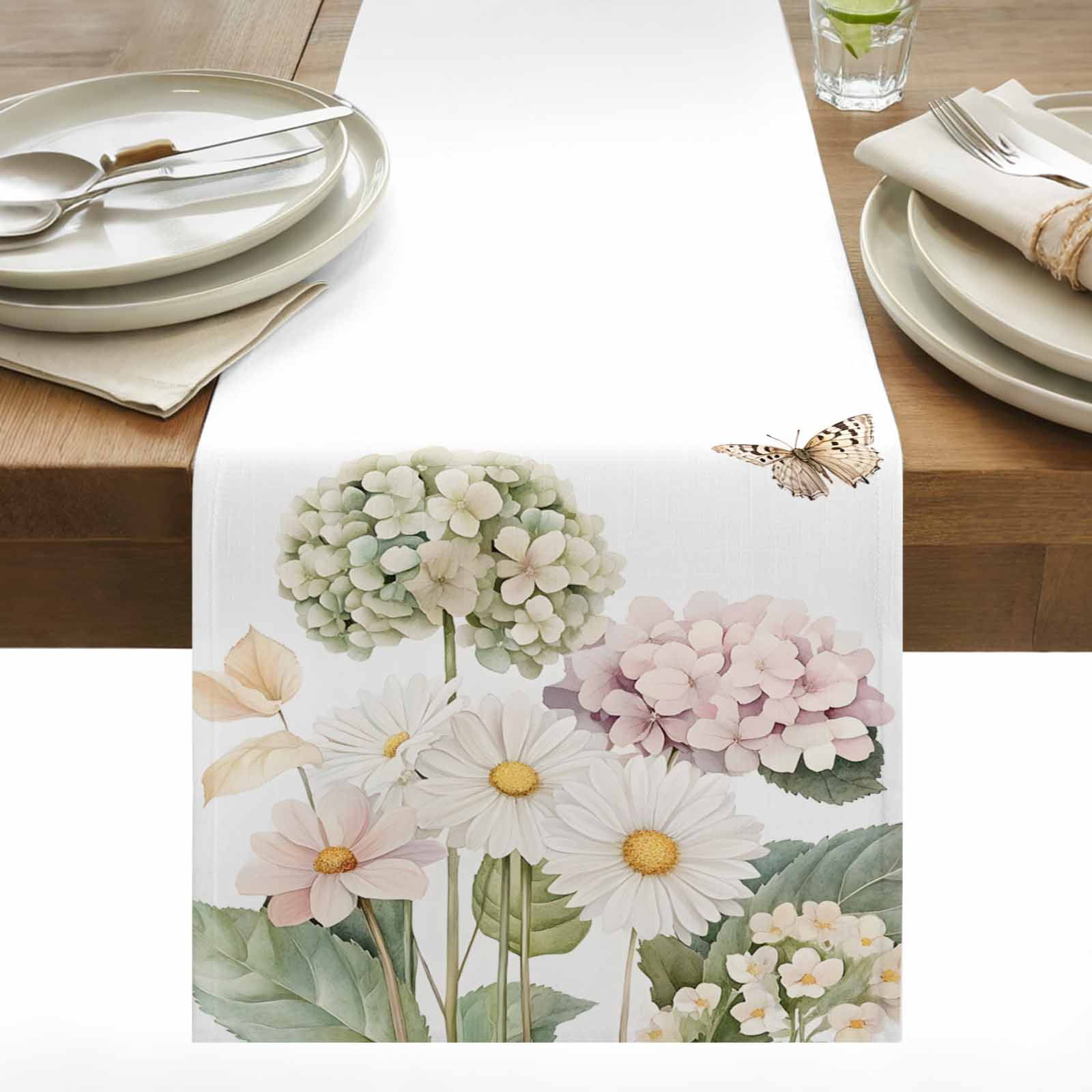Spring Floral Cotton Linen Table Runner Watercolor White Pink Flowers ...