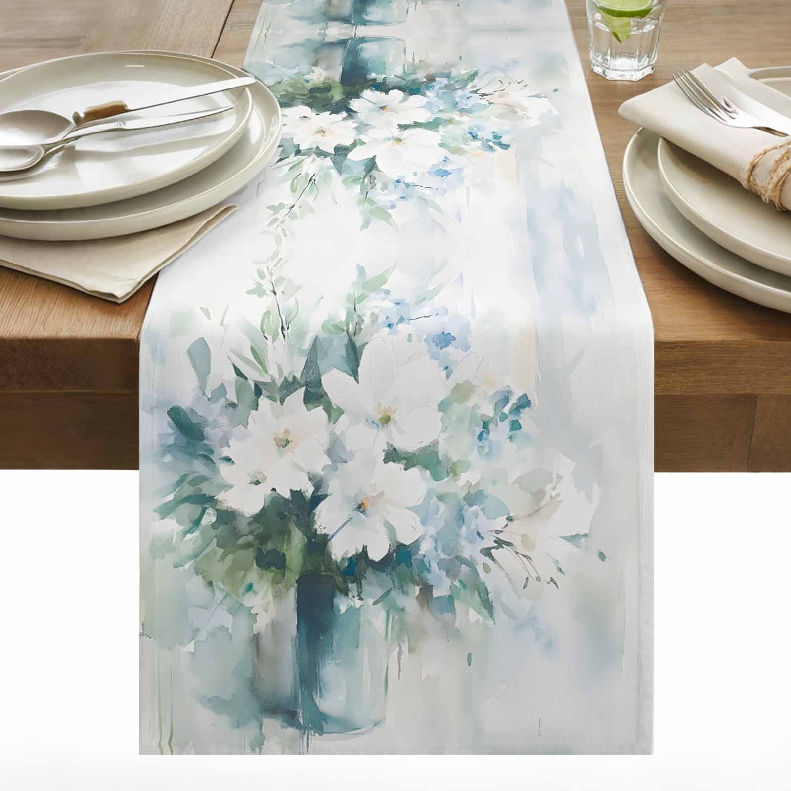 Spring Floral Cotton Linen Table Runner White Blue Green Flowers Bottle ...