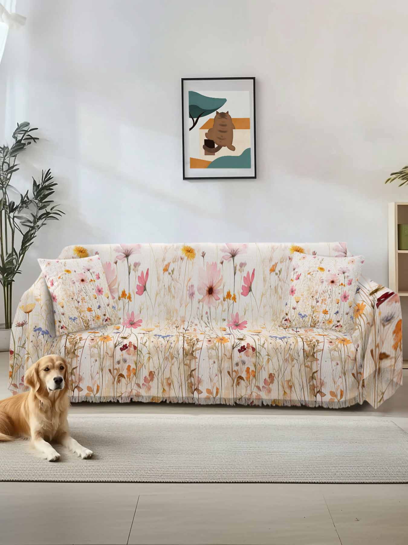 Spring Floral Couch Cover for 2 Cushion Sofa, Pastoral Botanical Summer ...