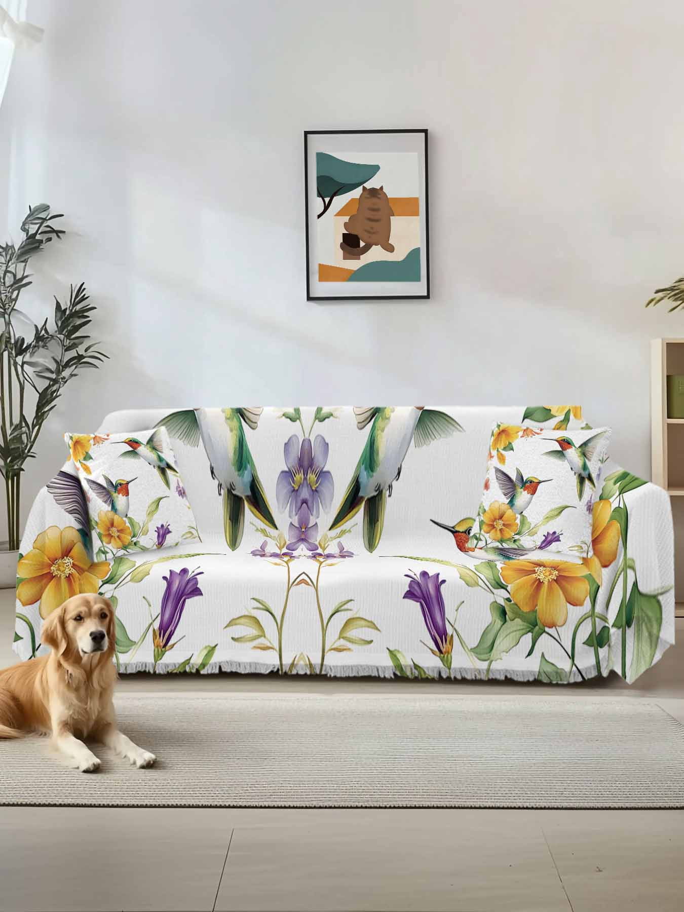 Spring Floral Couch Cover for 2 Cushion Sofa, Summer Botanical Birds ...