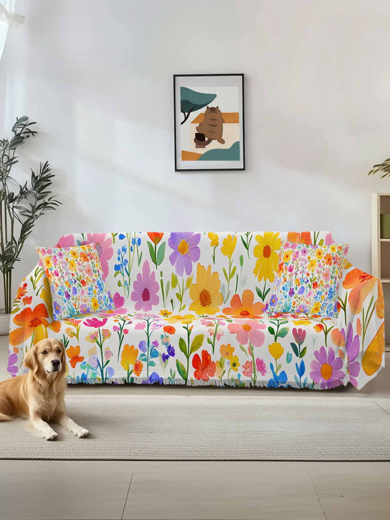 Spring Floral Couch Cover for 2 Cushion Sofa, Watercolor Botanical ...