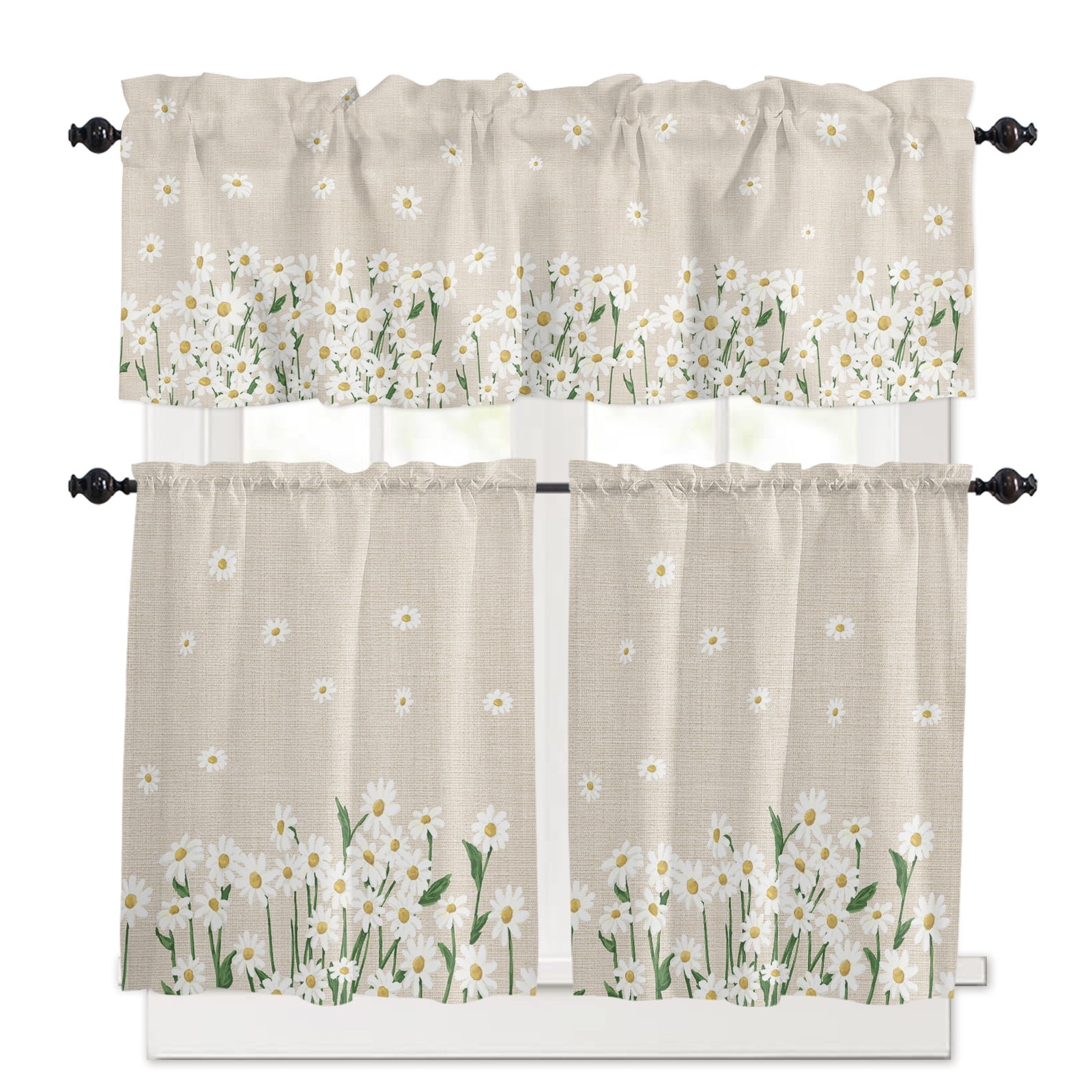 Spring Floral Daisy Kitchen Curtains and Valances Set, 3 Piece Kitchen ...