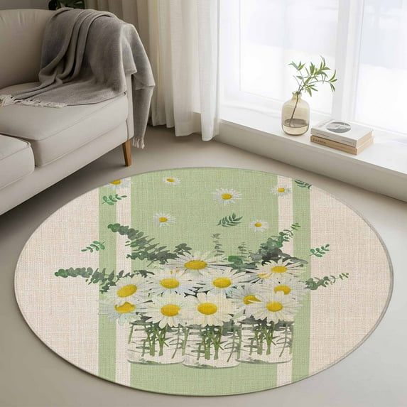 Spring Floral Daisy Round Area Rug 4 FT, Non Slip Indoor Outdoor Rug ...