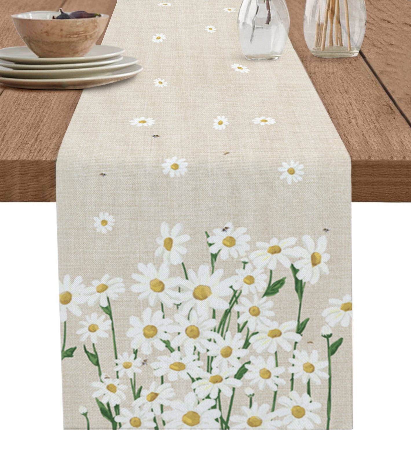 Spring Floral Daisy Table Runner Flower Burlap Texture Tablerunners 18 ...
