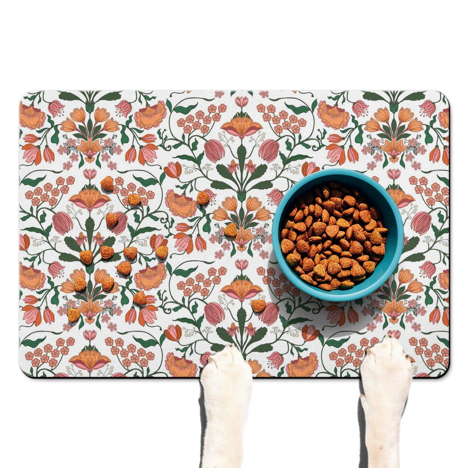 Spring Floral Dog Bowl Mat – Absorbent Feeding Mat for Food and Water ...