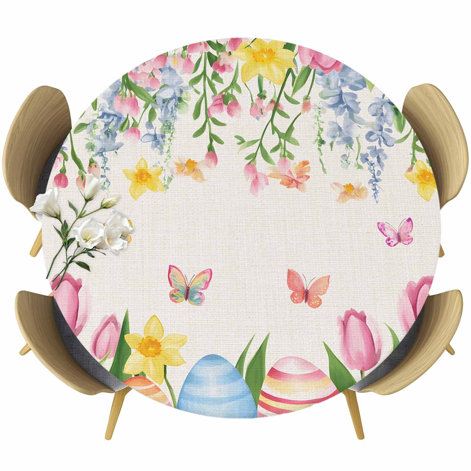 Spring Floral Easter Round Tablecloth 45-54 Inch Round Fitted Table ...