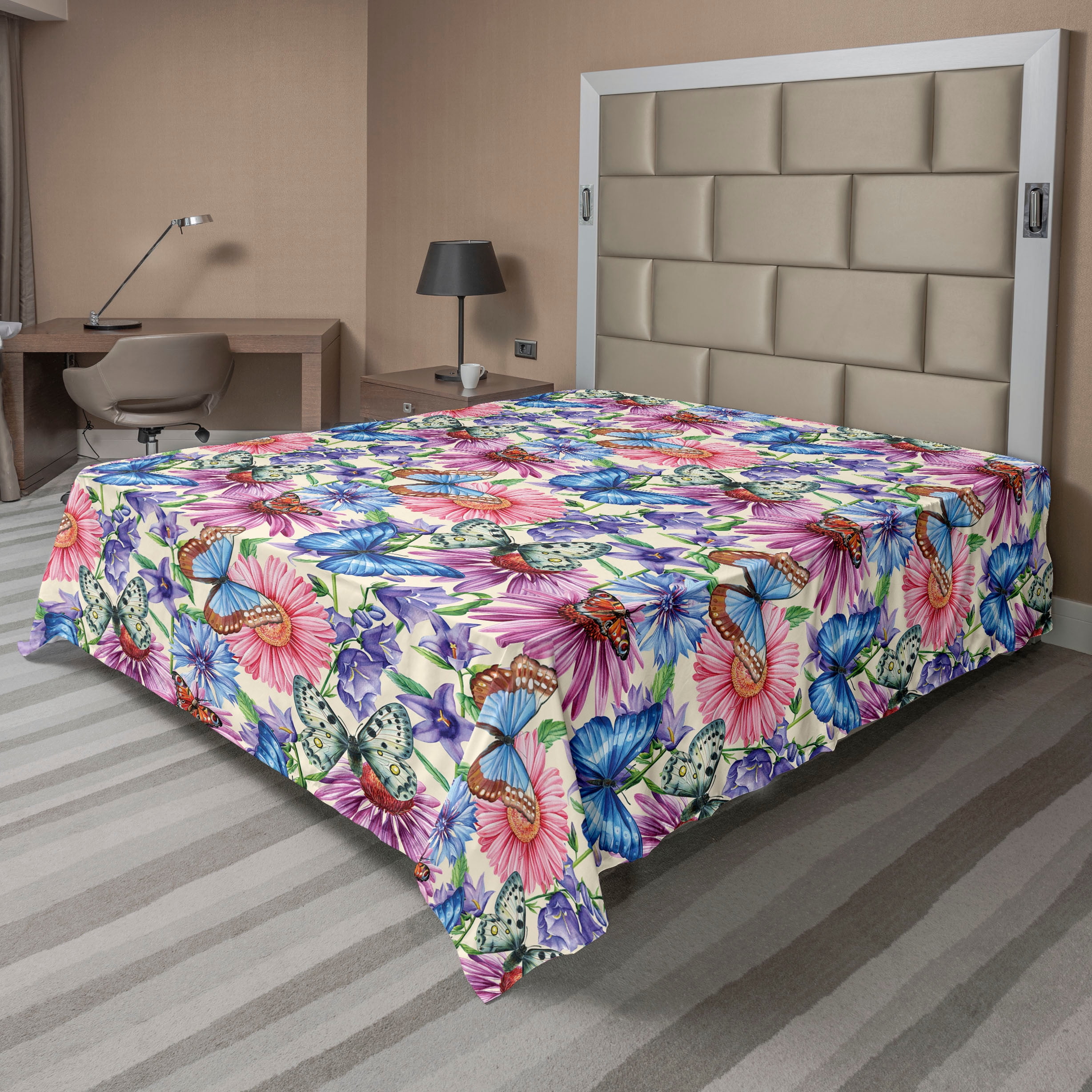 Spring Floral Flat Sheet, Cottagecore Butterfly and Gerbera Echinacea ...