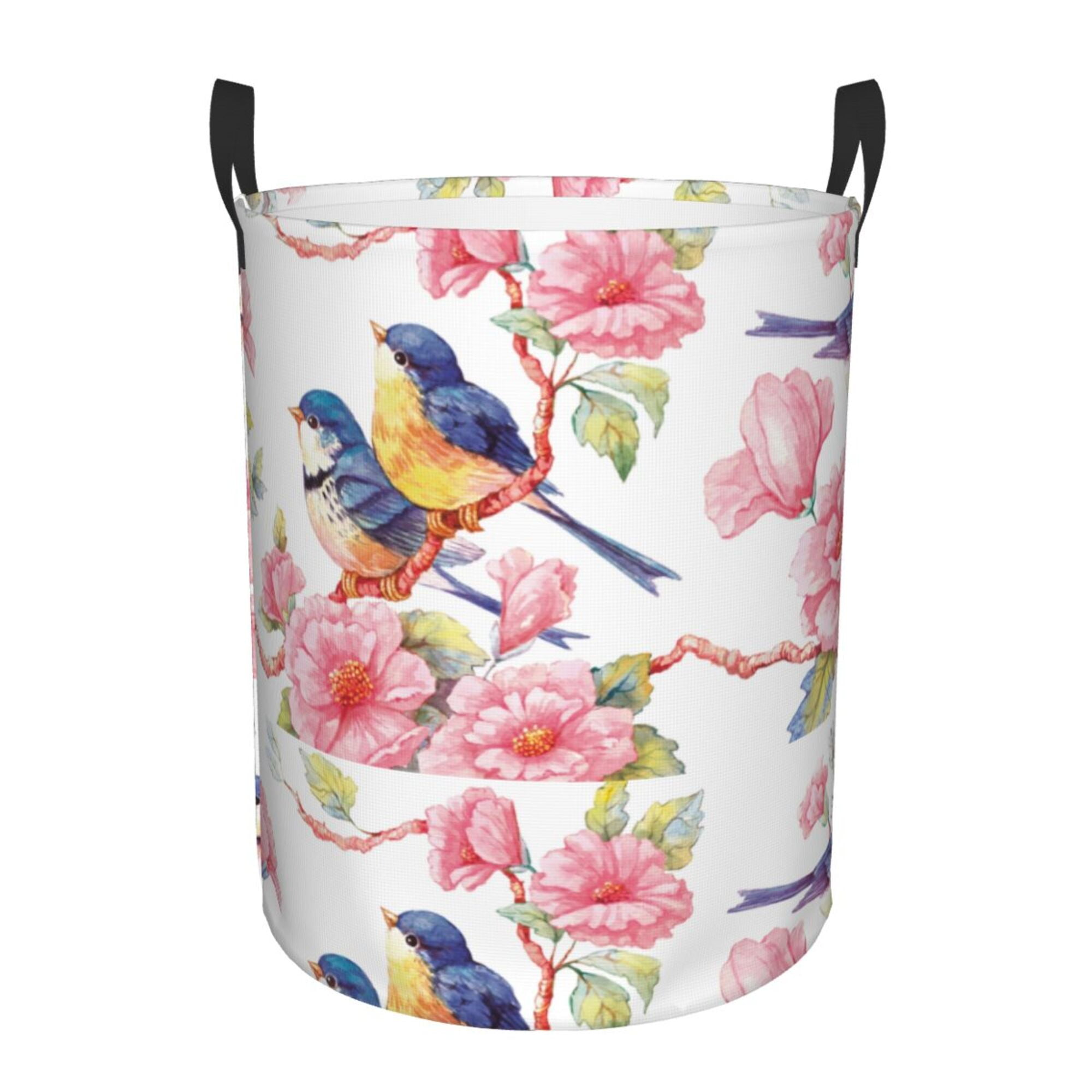 Spring Floral Flower Cute Birds Branches Circular Laundry Basket (With ...