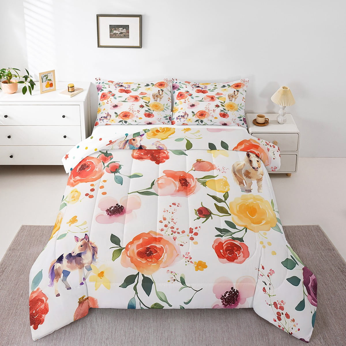 Spring Floral Full Bedding Set,Cute Horse Ponies Comforter Set ...
