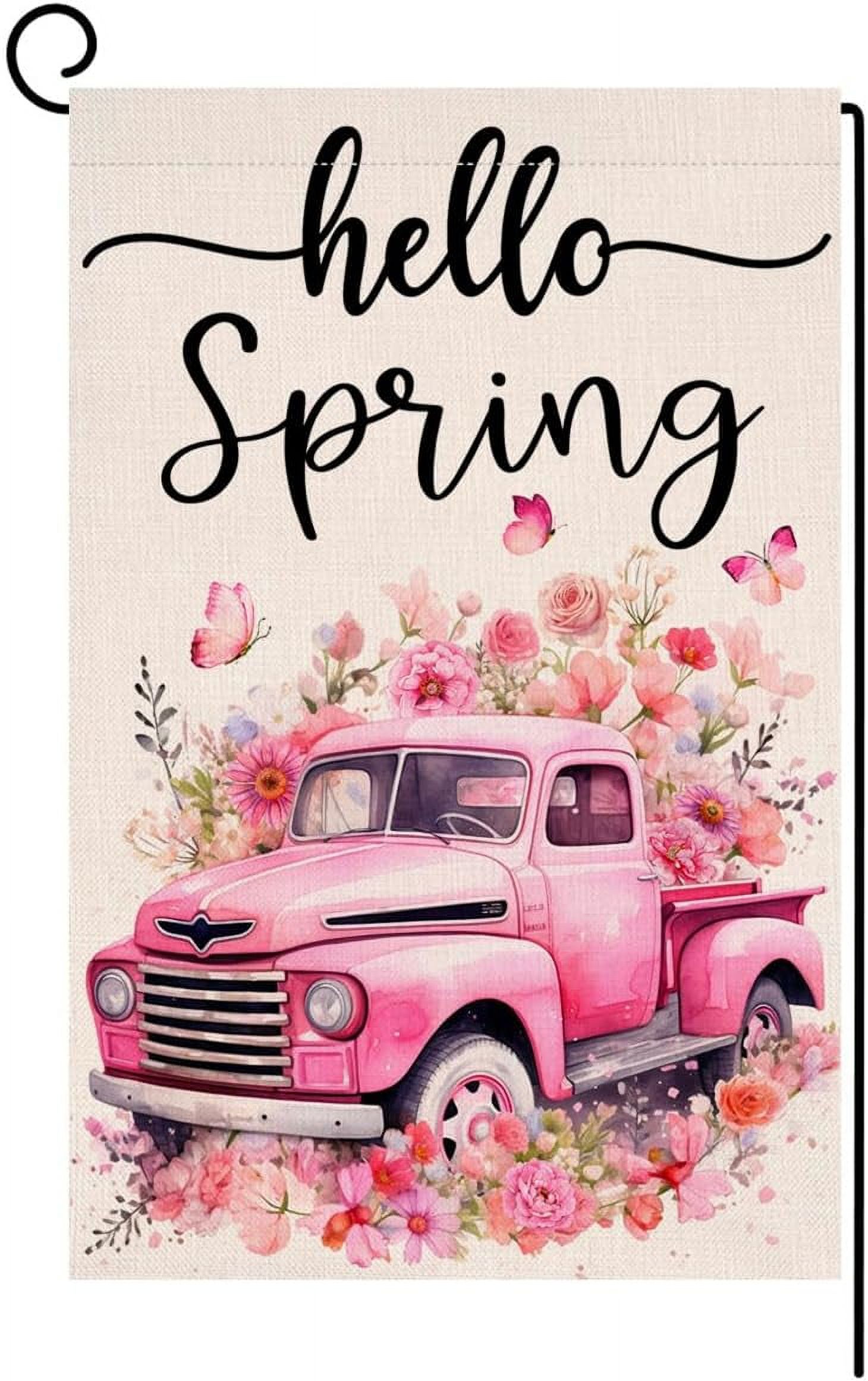Spring Floral Garden Flag 12x28 inch Vertical Double Sided Pink Truck ...