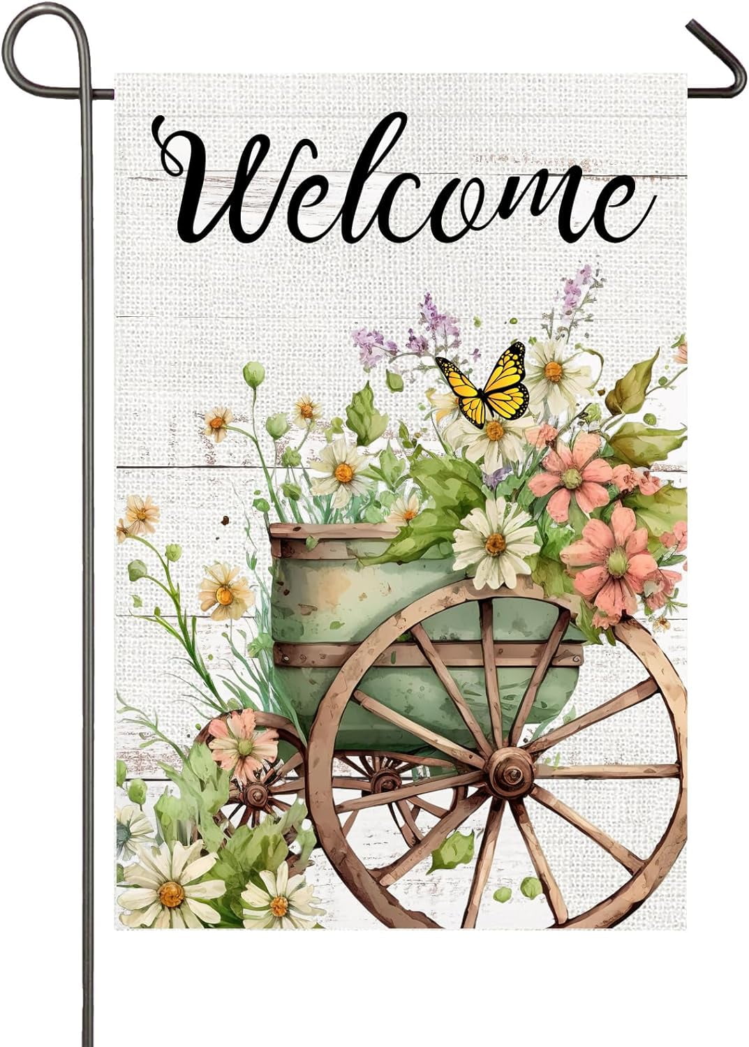 Spring Floral Garden Flag Double Sided Wagon Wheel and Flowers Welcome ...