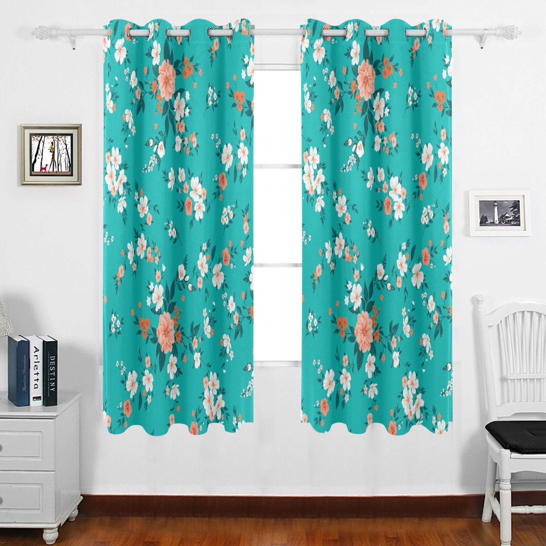 Spring Floral Grommet Blackout Curtains Thermal Insulated Window Curtain Sets for Bedroom Living ...