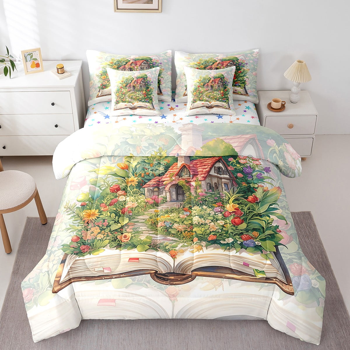 Spring Floral House 7 Pieces Bedding Set Queen,Fairy Tale Magical Book ...