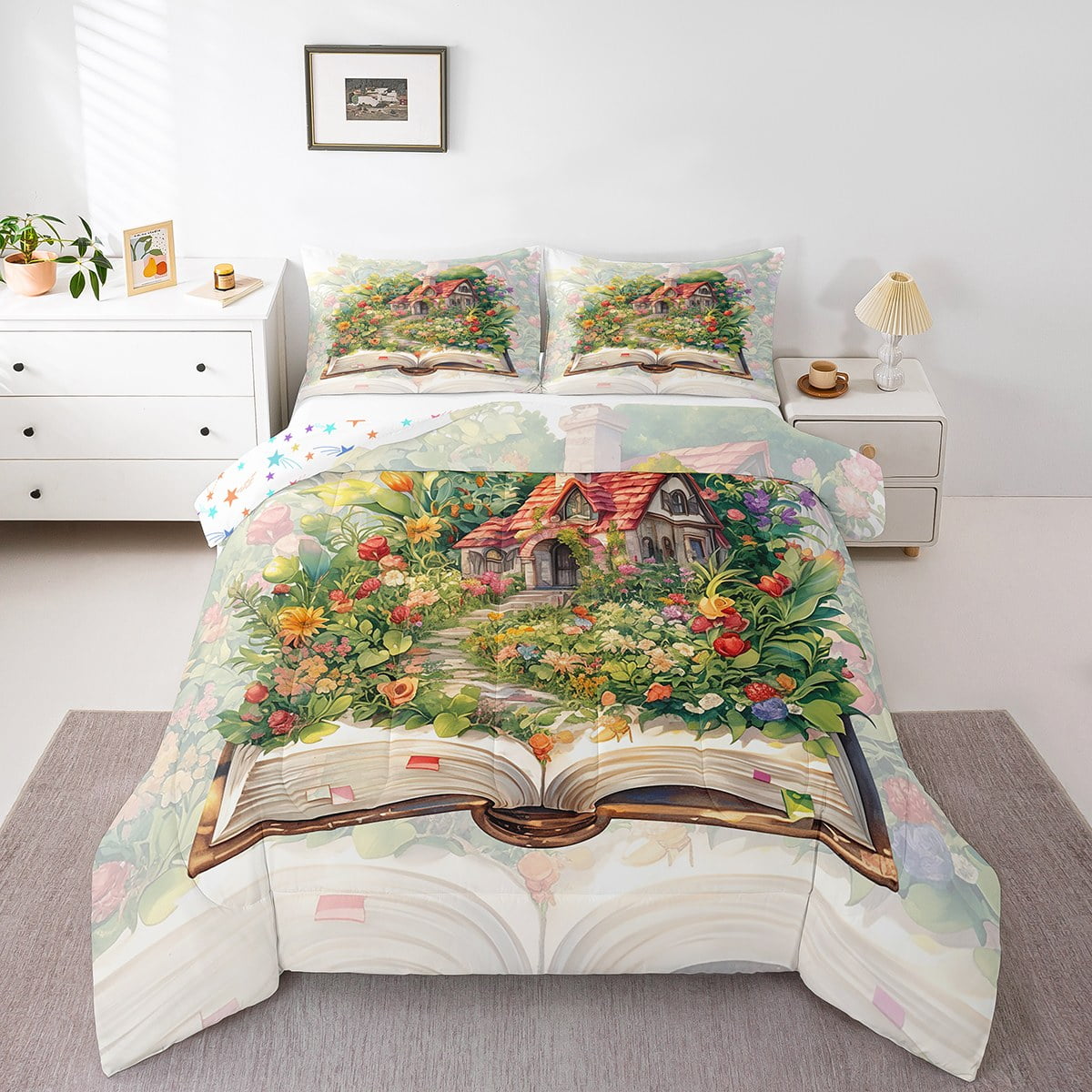 Spring Floral House Comforter Set Full Size 3 Pcs,Fairy Tale Magical ...