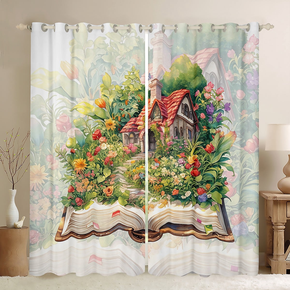 Spring Floral House Window Curtain Set of 2 Panels,Fairy Tale Magical ...