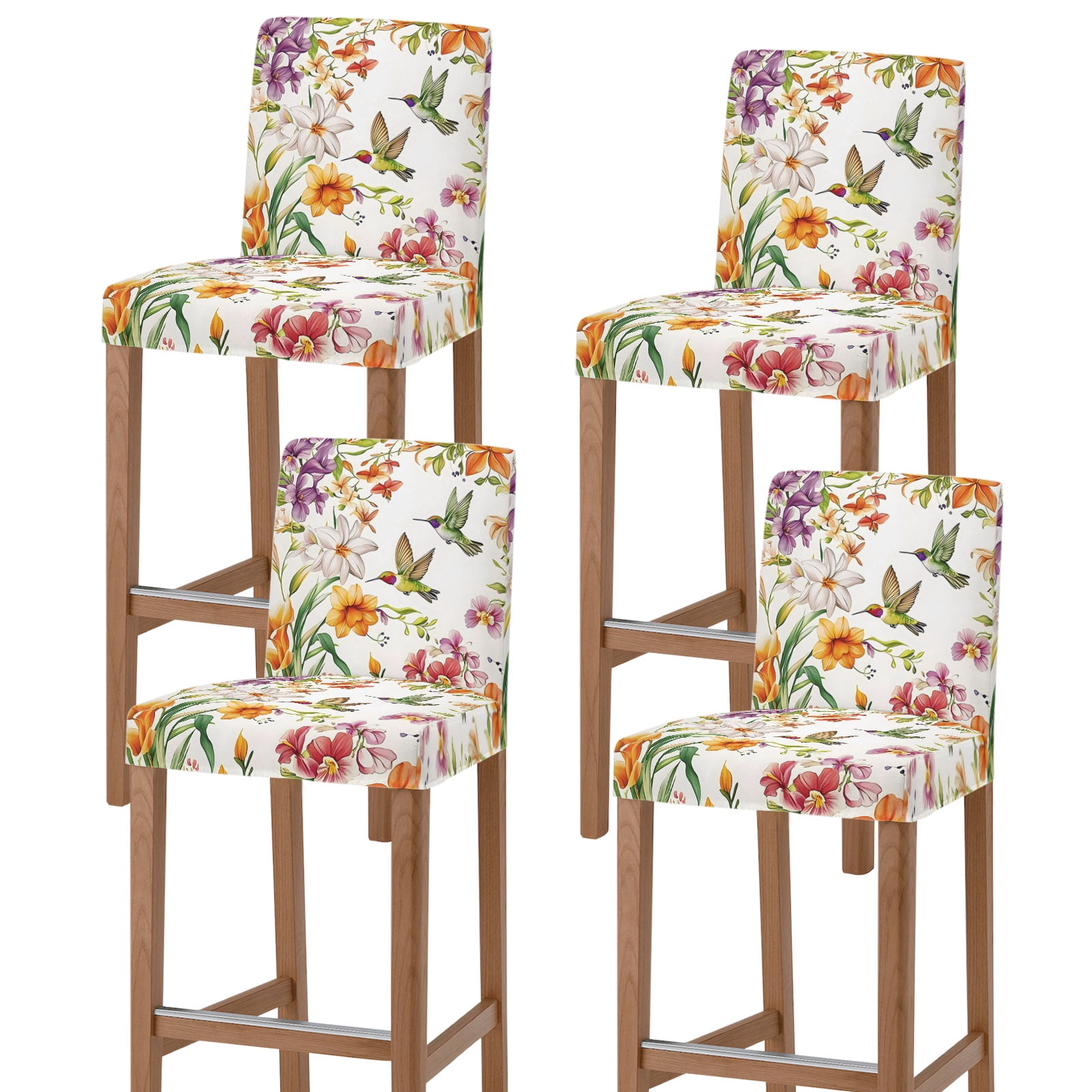 Spring Floral Hummingbird Bar Stool Cover Set of 4, Pastoral Rustic ...