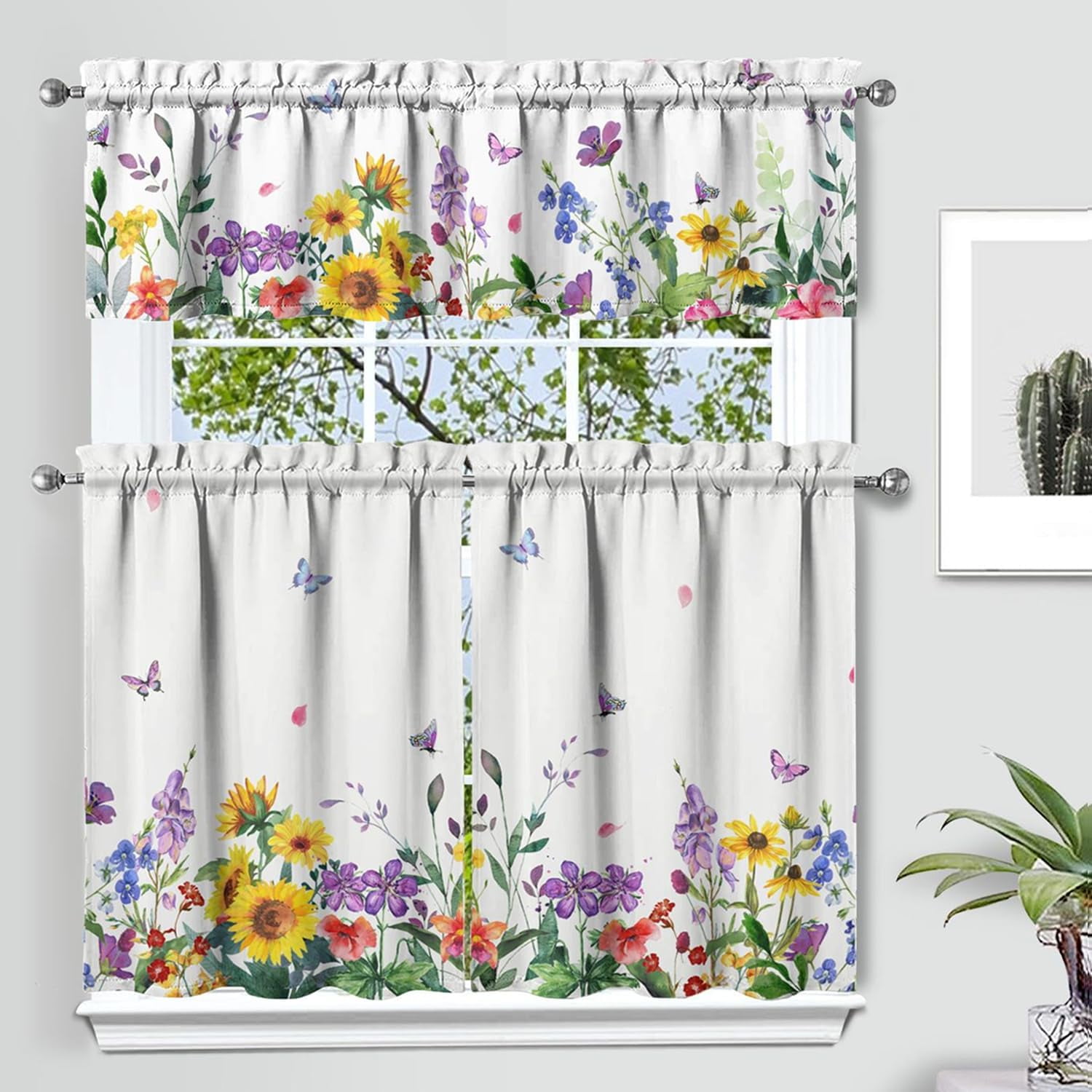 Spring Floral Kitchen Curtain Valance 3 Piece Set, Sunflower Floral ...
