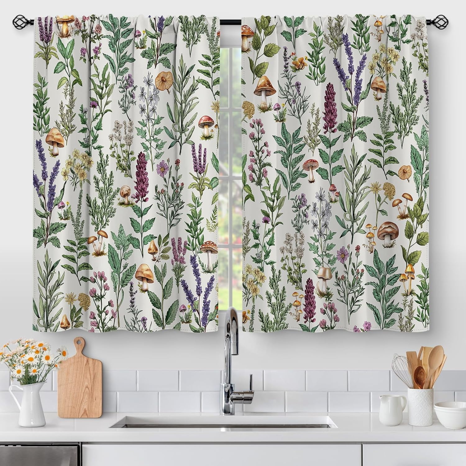 Spring Floral Kitchen Curtains - Botanical Leaf Rustic Small Short Cafe ...
