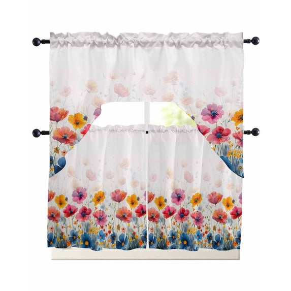 Spring Floral Kitchen Curtains Set for Windows 3 Piece Cafe Curtains 36 ...