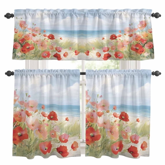 Spring Floral Kitchen Curtains Set for Windows, Poppy Grass Sky Seaside ...