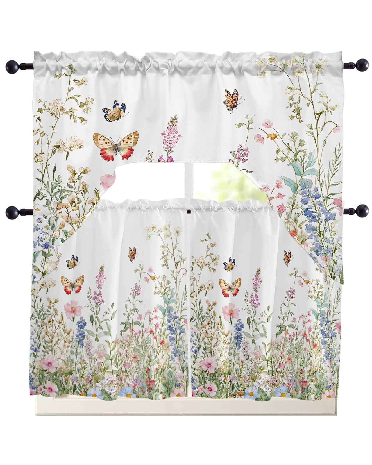 Spring Floral Kitchen Curtains Swag Valance and Tier Curtains Set 24 ...