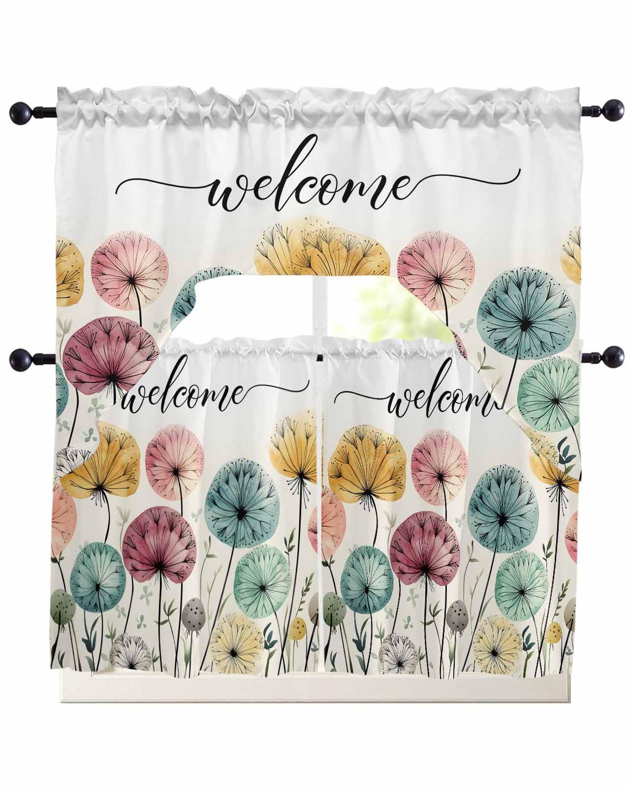 Spring Floral Kitchen Curtains Swag Valance and Tier Curtains Set 24 Inch Length, Modern ...
