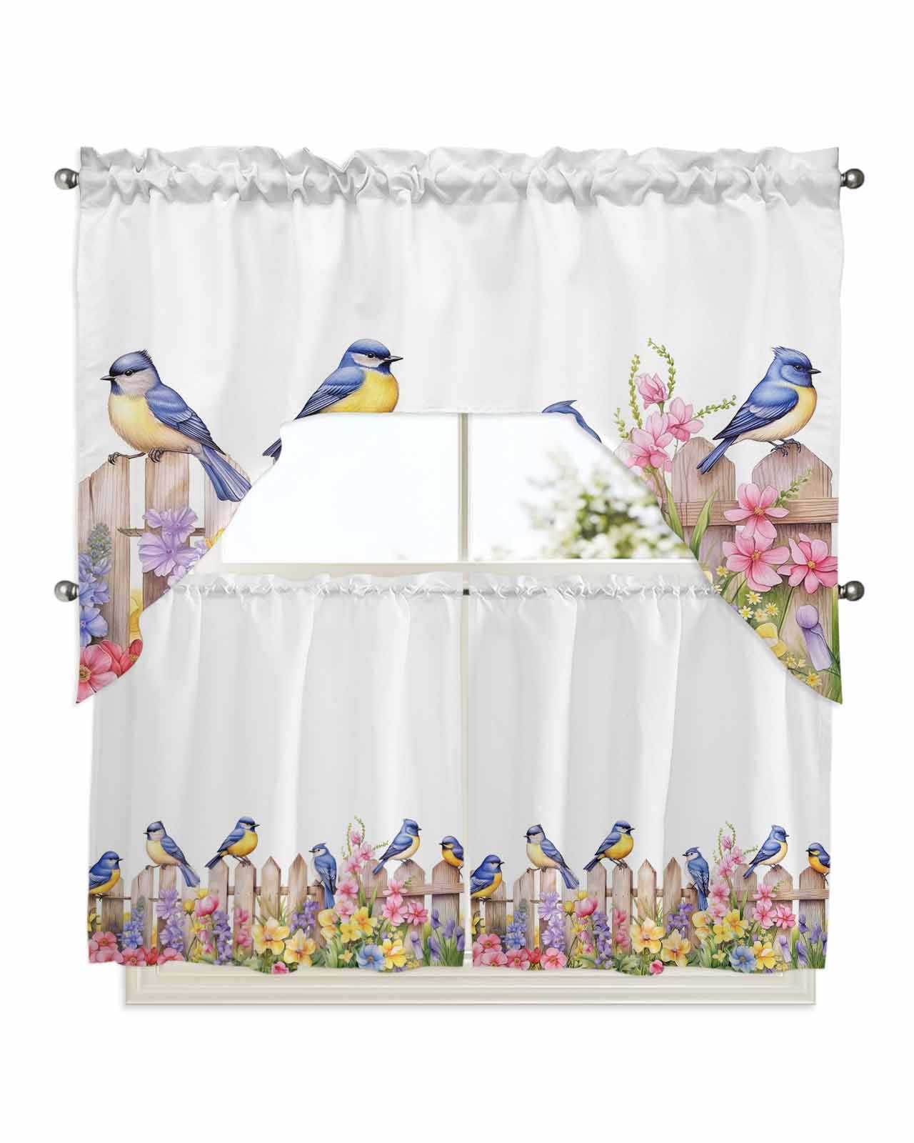 Spring Floral Kitchen Curtains Swag Valance and Tier Curtains Set 24 Inch Length, Summer Birds ...