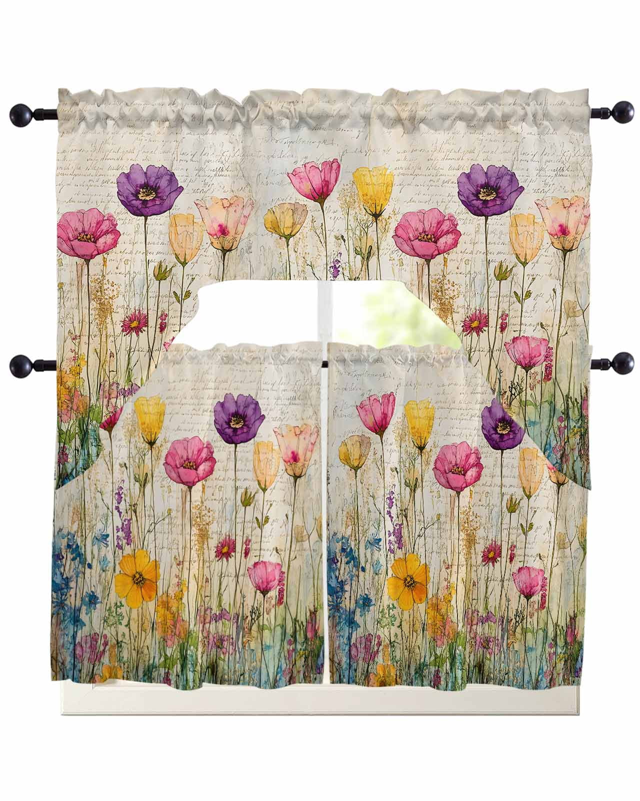 Spring Floral Kitchen Curtains Swag Valance and Tier Curtains Set 24 Inch Length, Summer ...