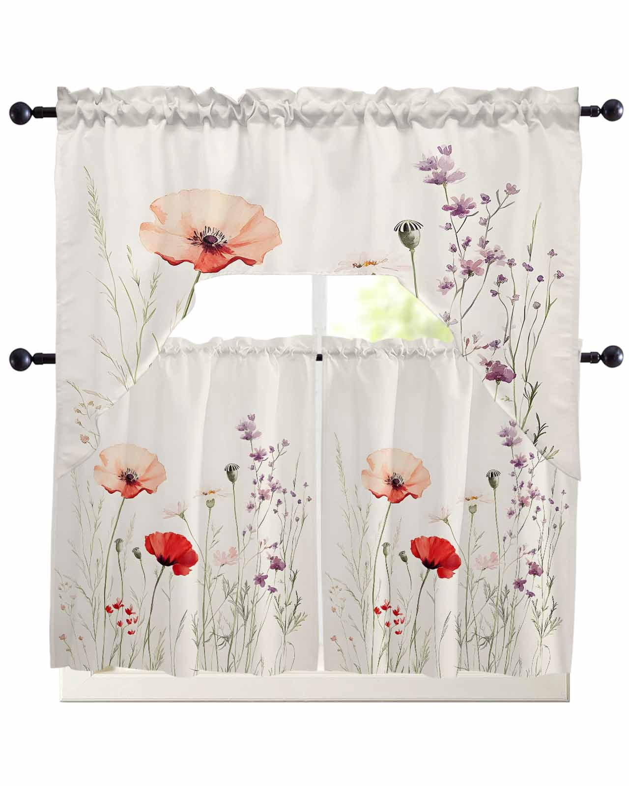 Spring Floral Kitchen Curtains Swag Valance and Tier Curtains Set 24 ...