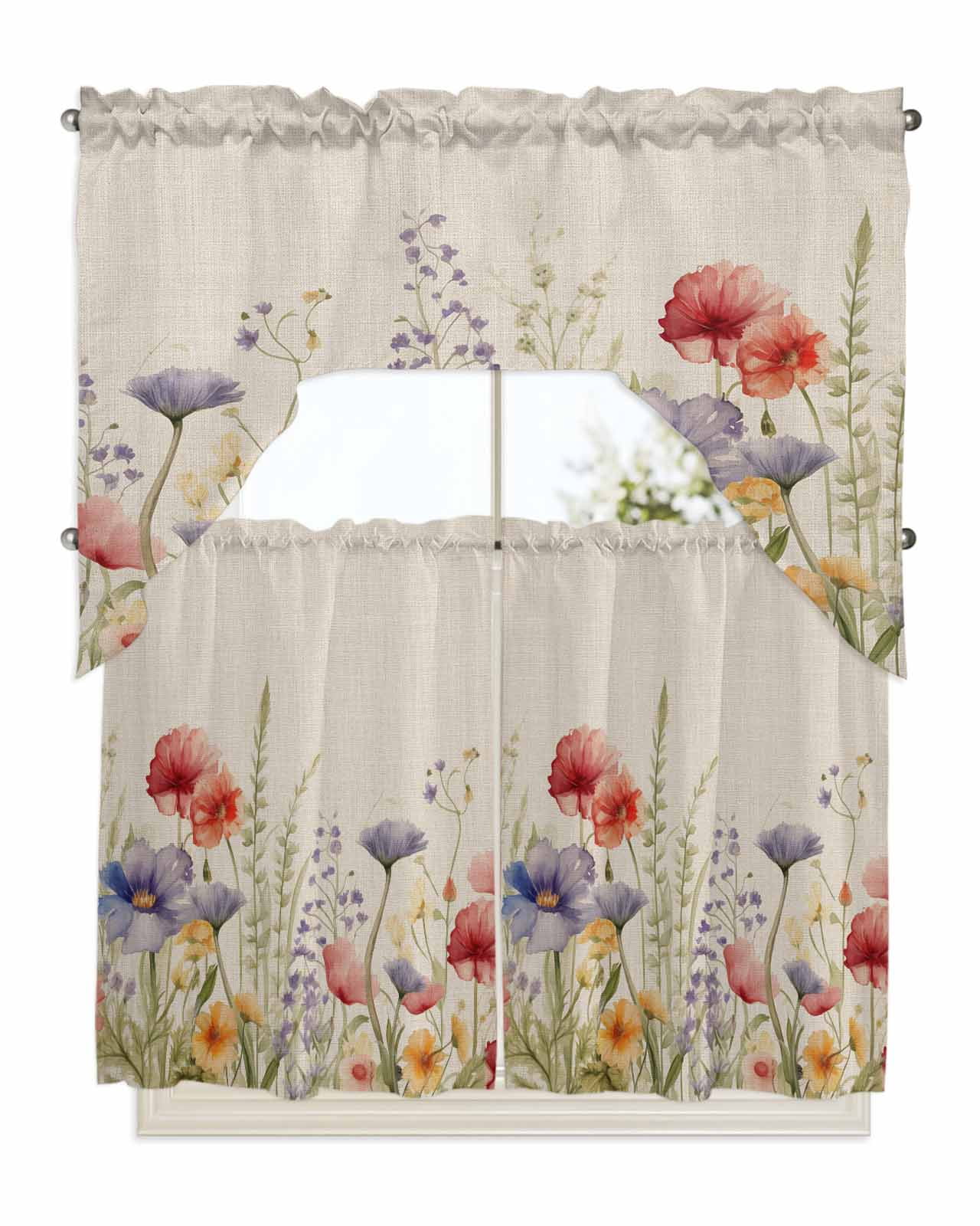 Spring Floral Kitchen Curtains Swag Valance and Tier Curtains Set 36 ...