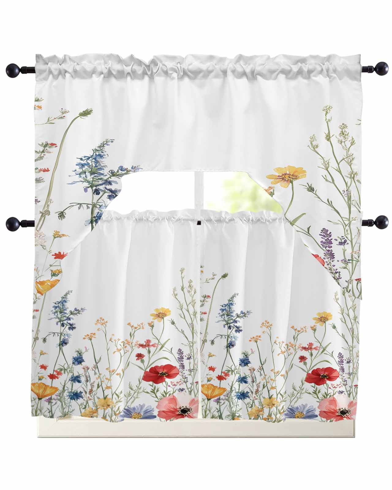 Spring Floral Kitchen Curtains Swag Valance and Tier Curtains Set 36 ...