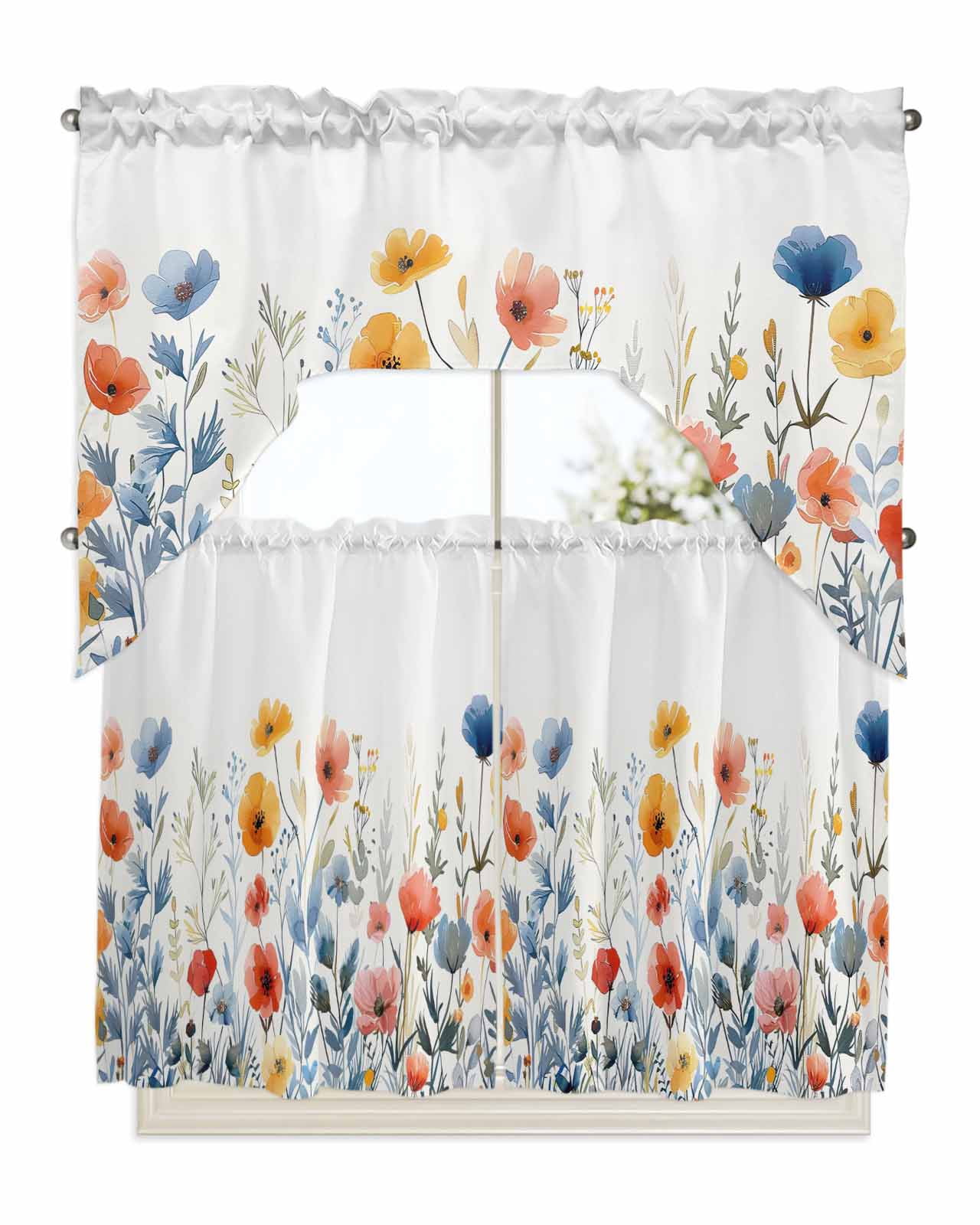 Spring Floral Kitchen Curtains Swag Valance and Tier Curtains Set 36 ...