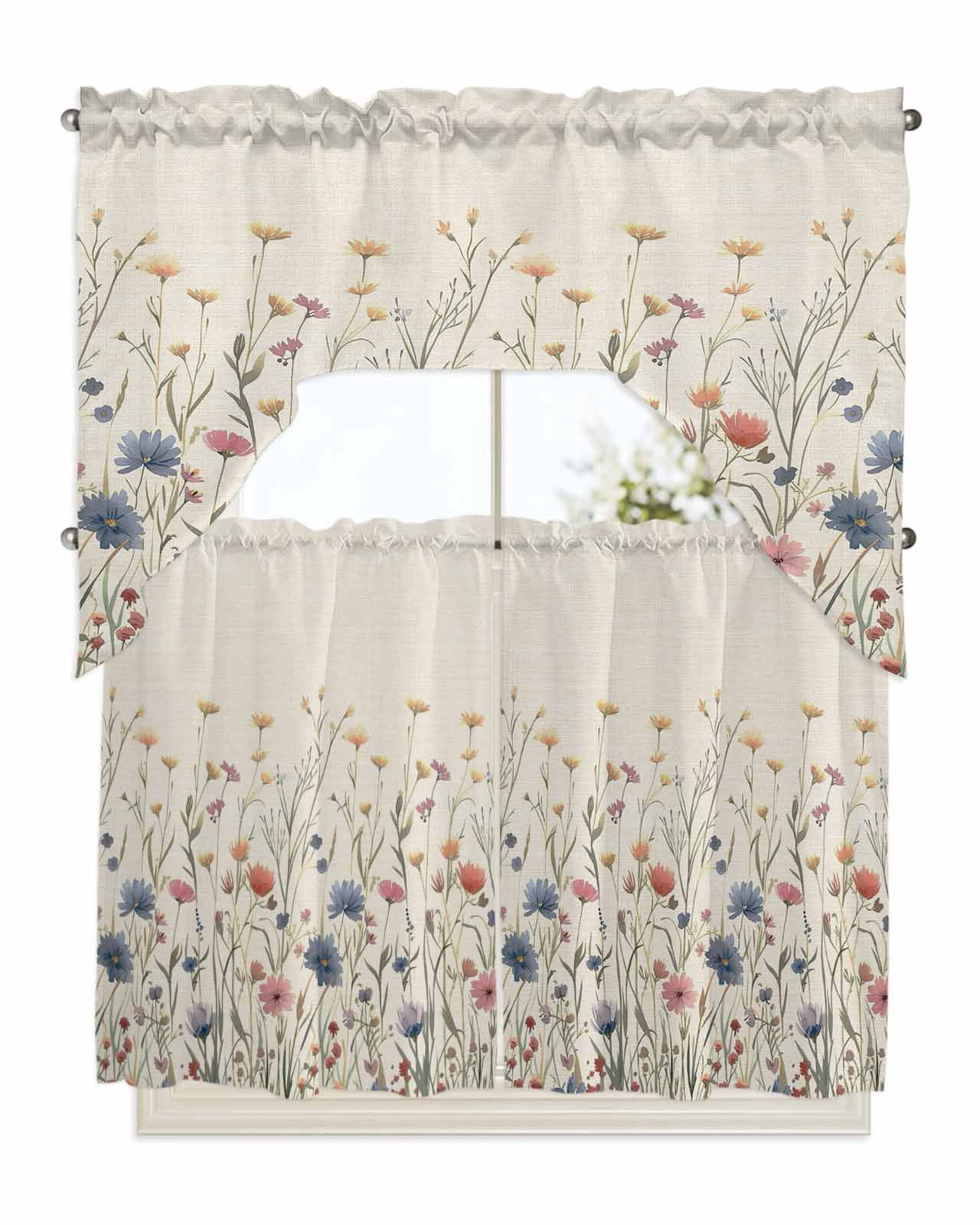 Spring Floral Kitchen Curtains Swag Valance and Tier Curtains Set 36 ...