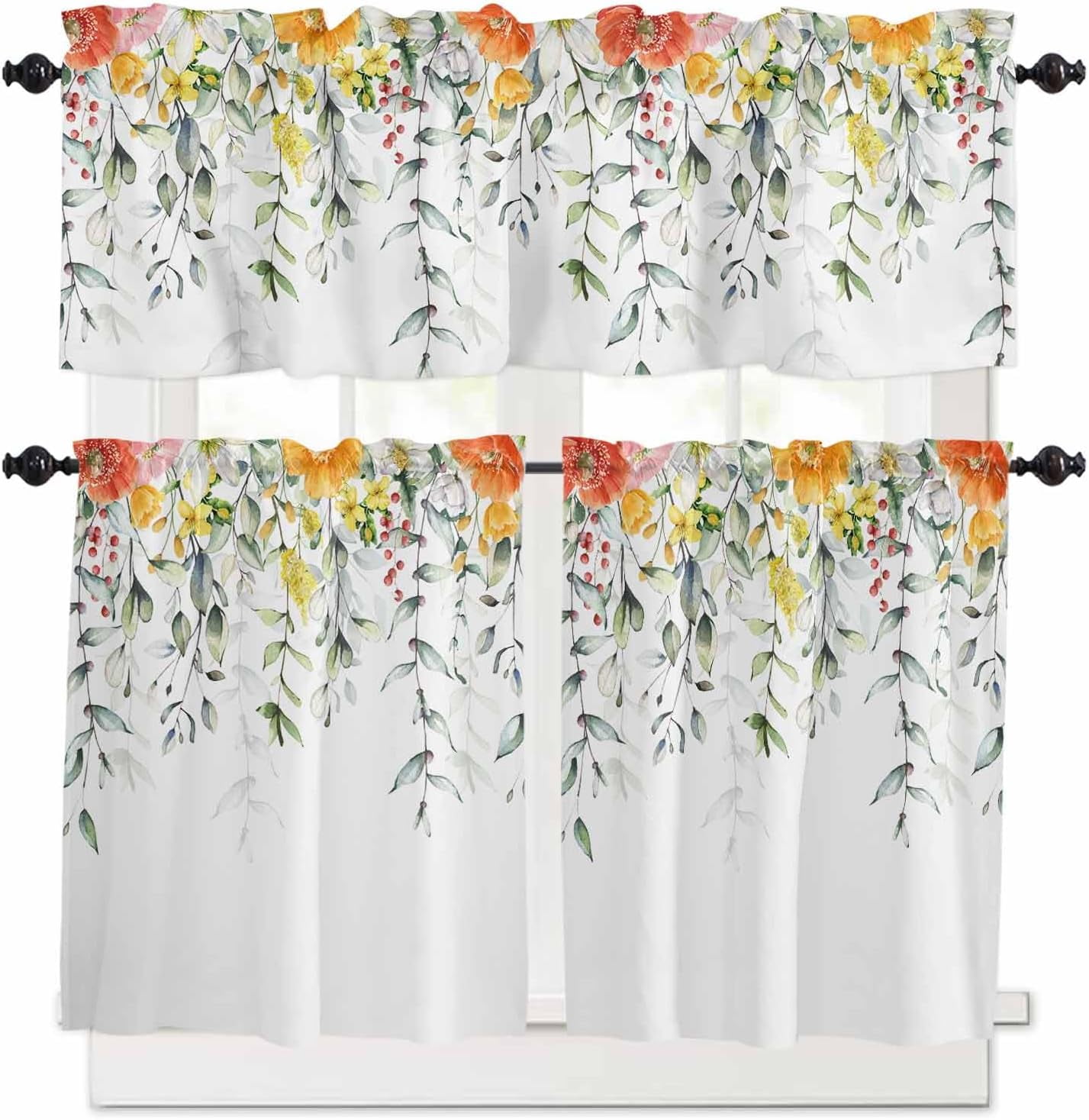 Spring Floral Kitchen Curtains and Valance Set, Summer Botanical Cafe ...