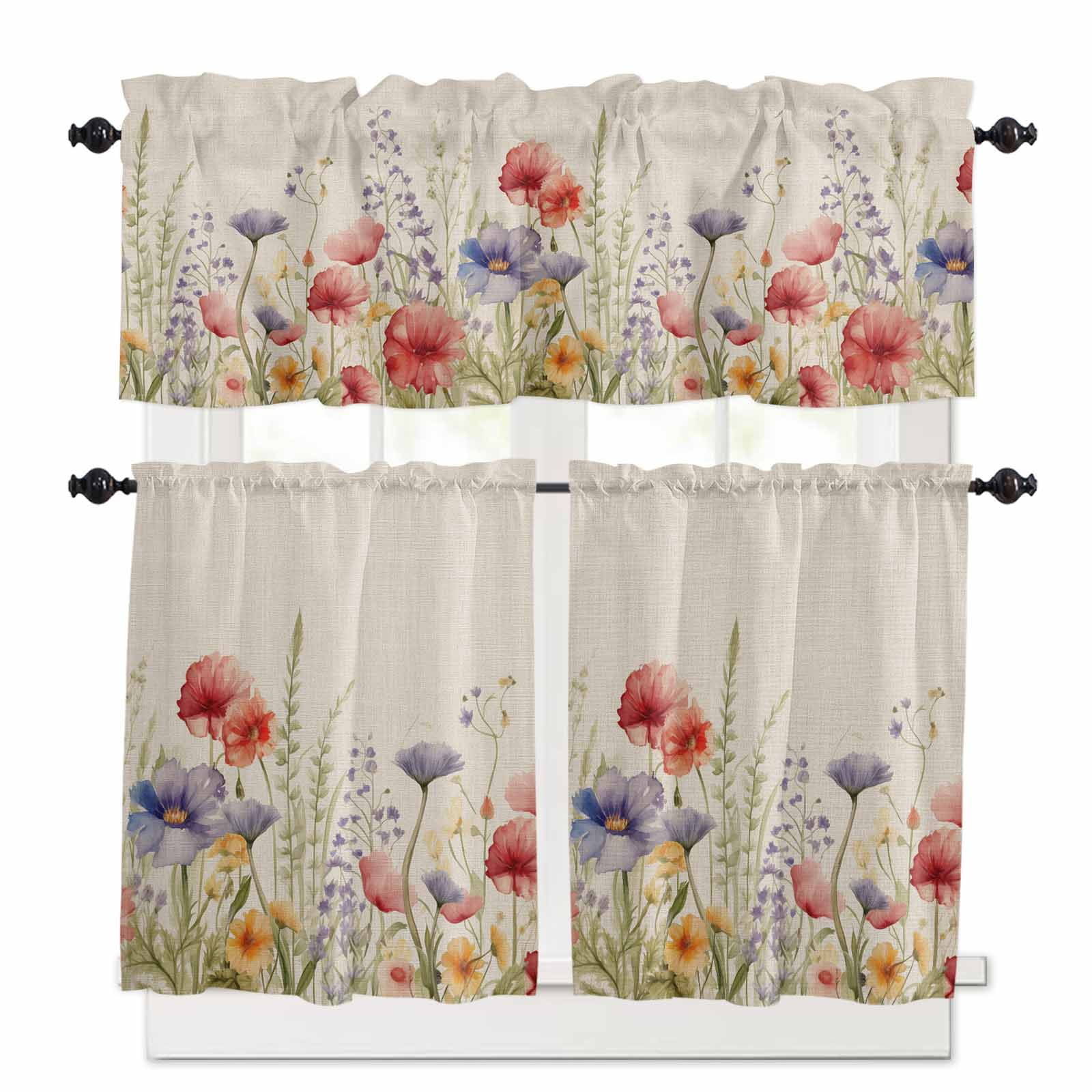 Spring Floral Kitchen Curtains and Valances Set, 3 Piece Kitchen ...