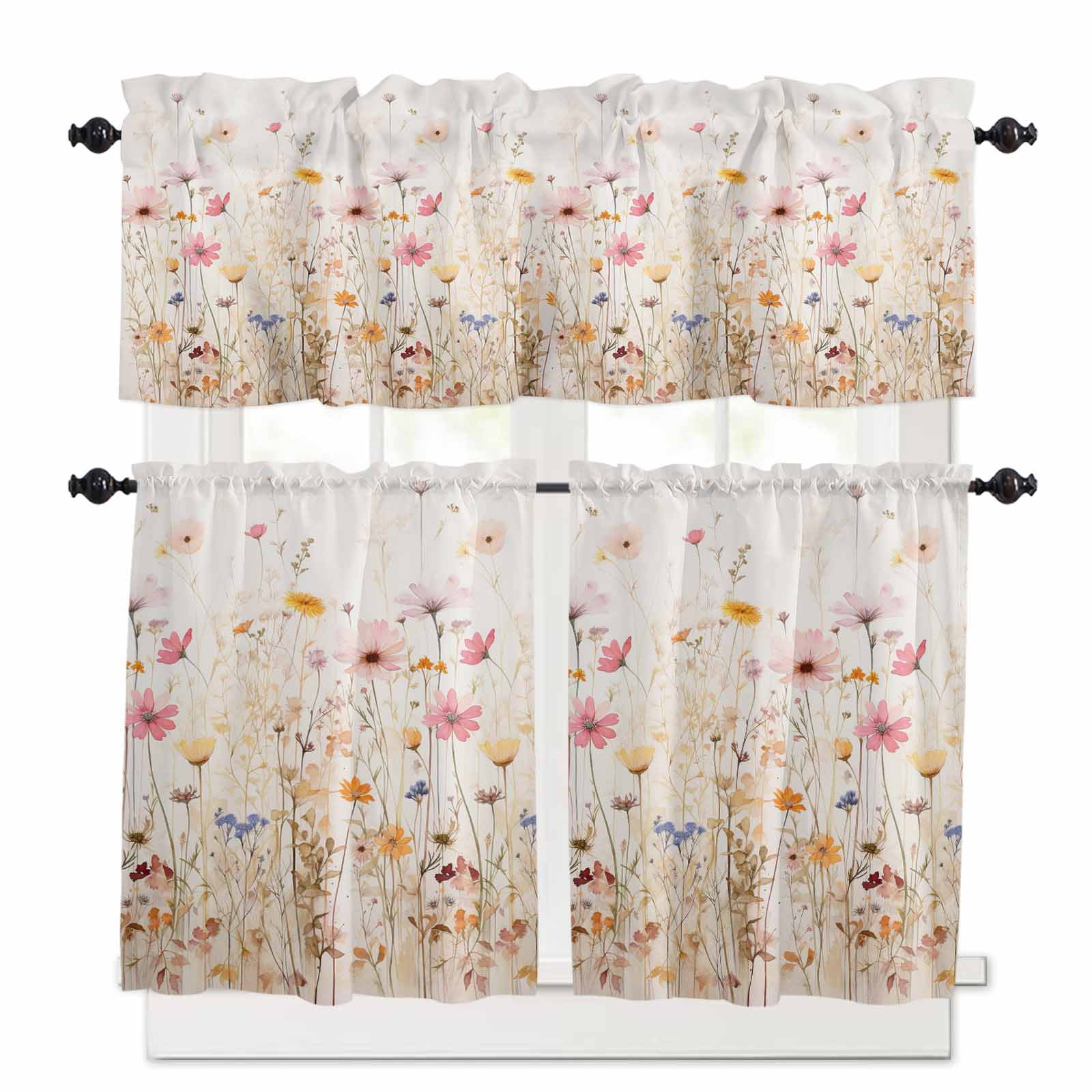 Spring Floral Kitchen Curtains and Valances Set, 3 Piece Kitchen ...