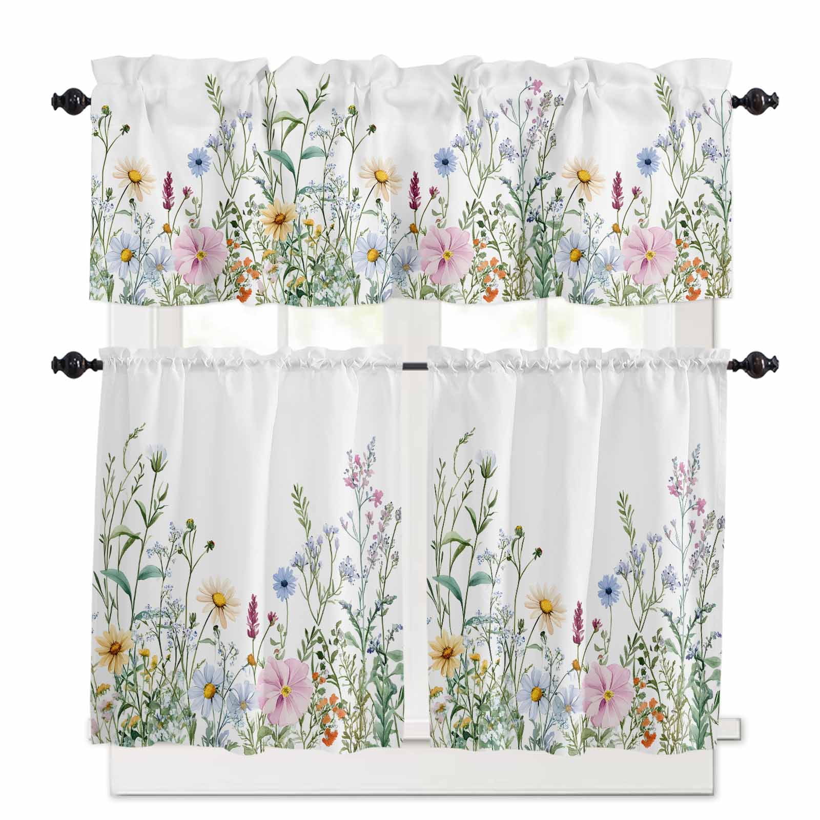Spring Floral Kitchen Curtains and Valances Set, 3 Piece Kitchen ...