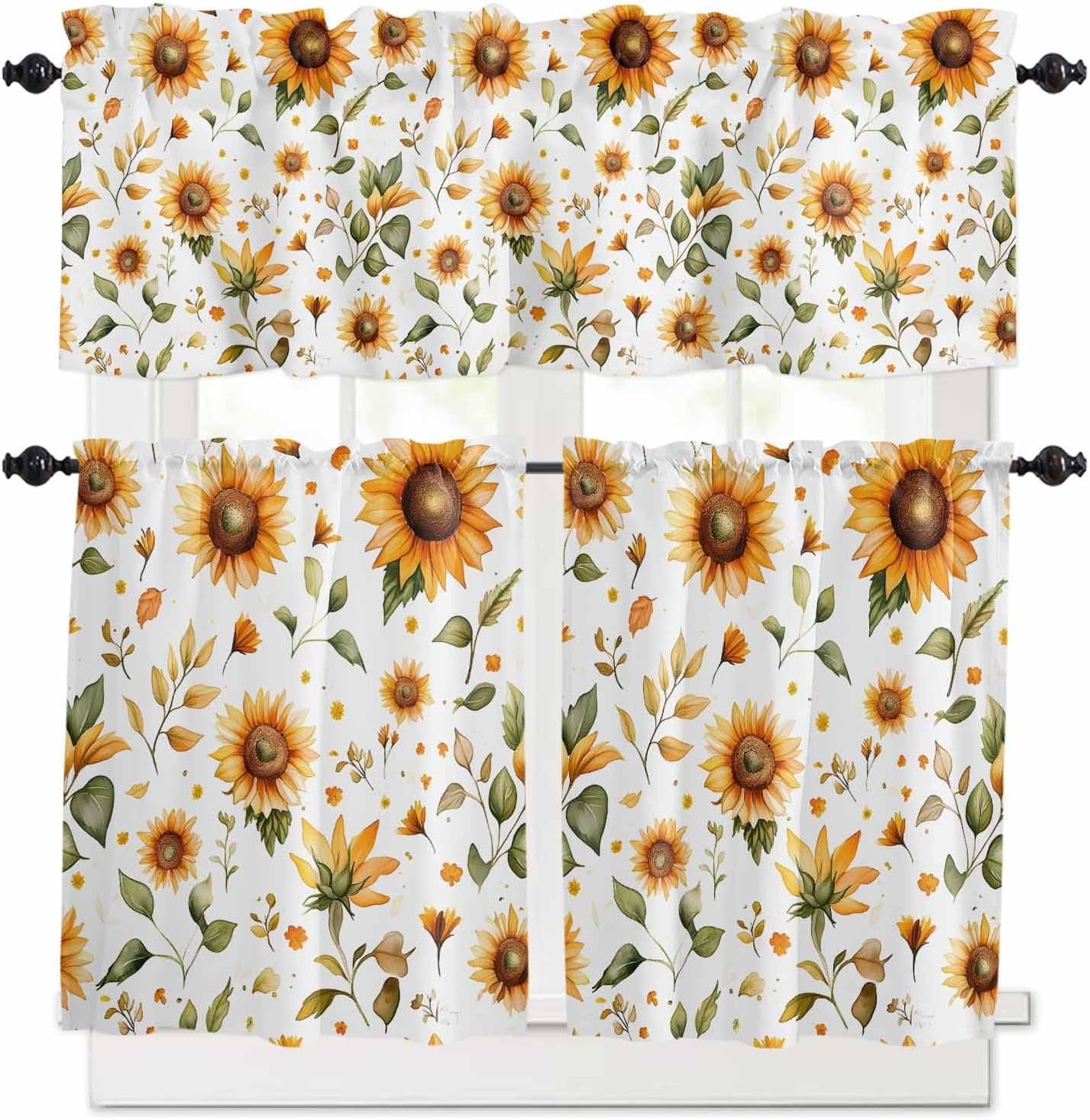 Spring Floral Kitchen Curtains and Valances Set, Watercolor Sunflower ...