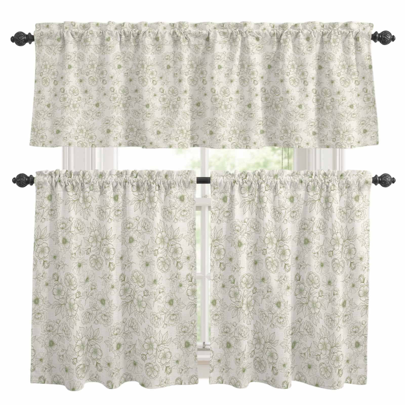 Spring Floral Kitchen Curtains Valances and Tiers 3pcs Abstract Line ...