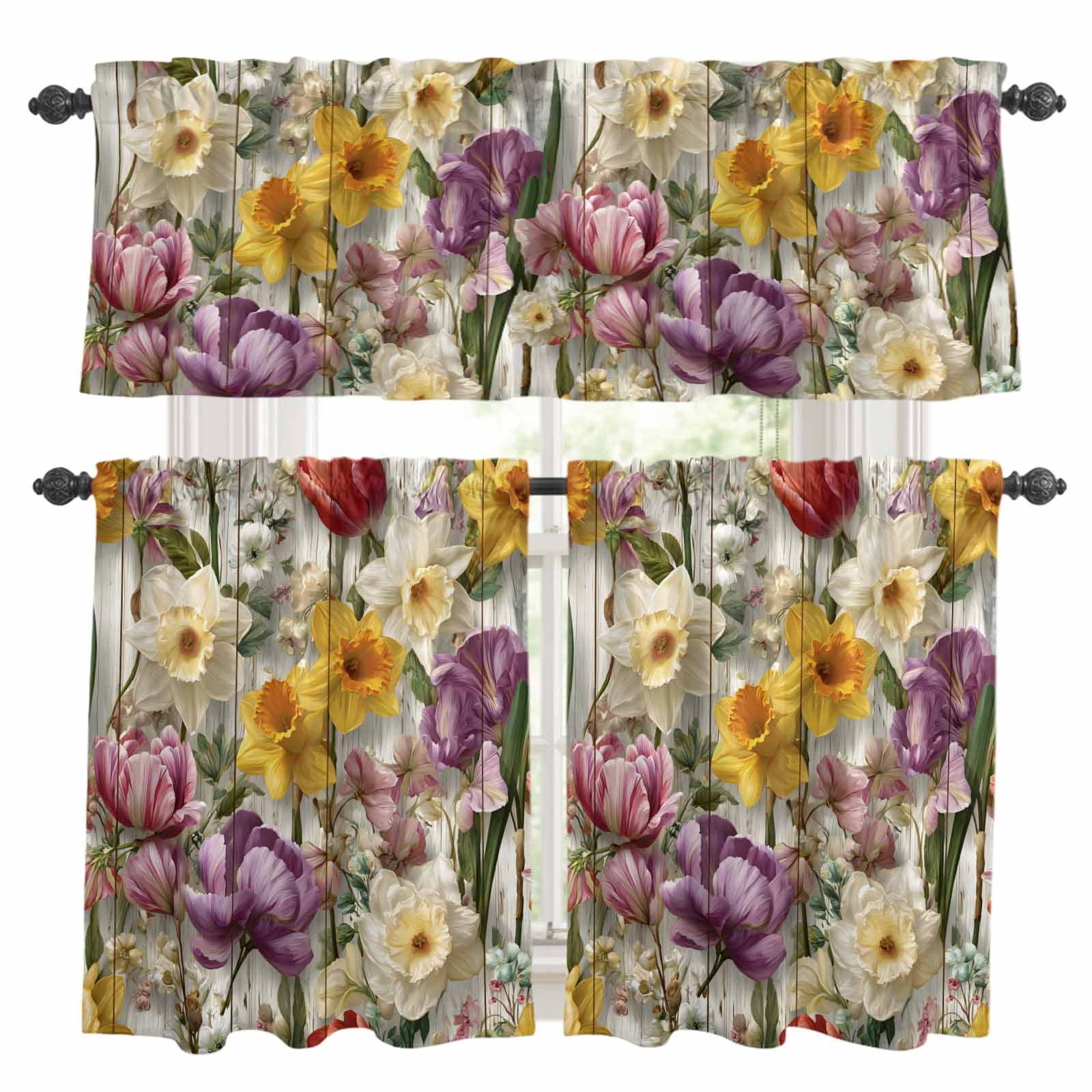 Spring Floral Kitchen Curtains Valances and Tiers 3pcs Colorful Country ...