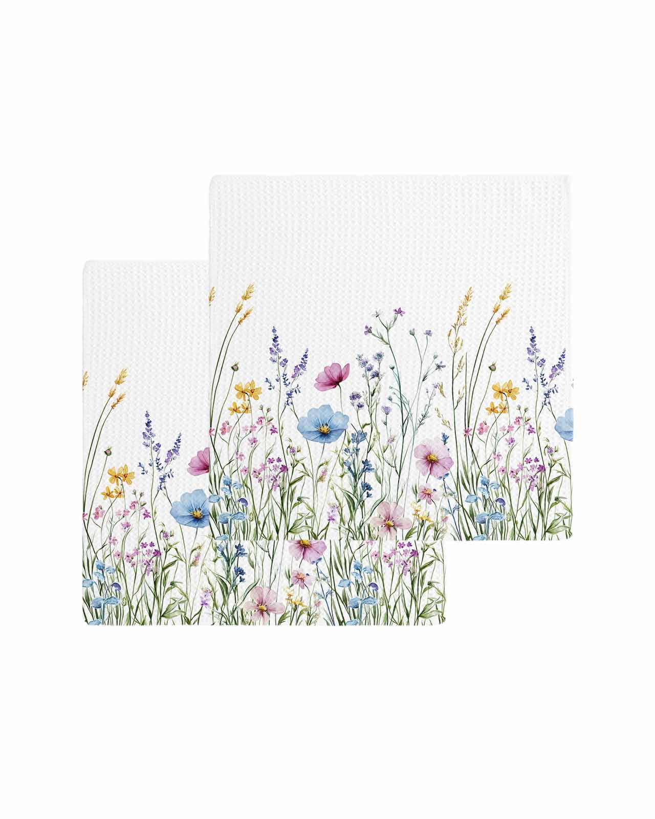 Spring Floral Kitchen Dish Towels for Drying Dishes Set of 2, Colorful Botanical Wildflower ...