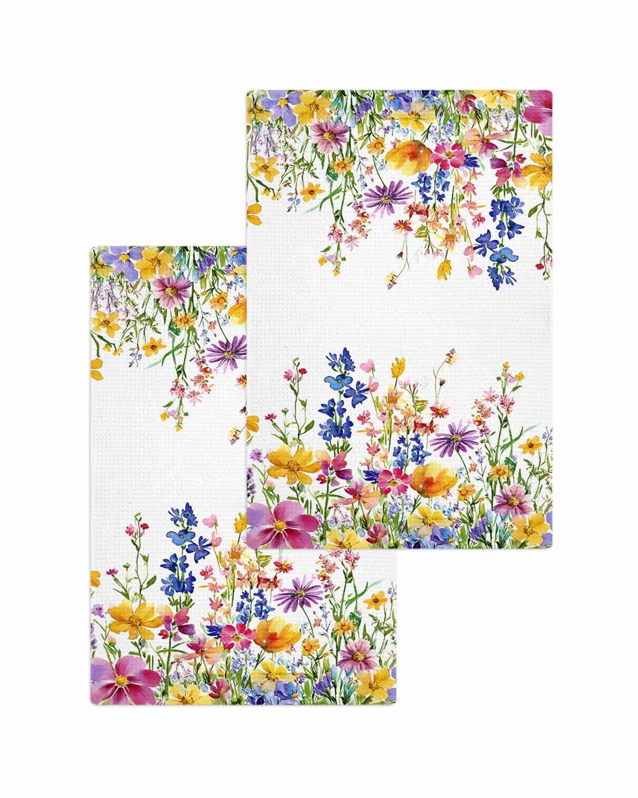 Spring Floral Kitchen Dish Towels for Drying Dishes Set of 2, Summer Watercolor Botanical ...
