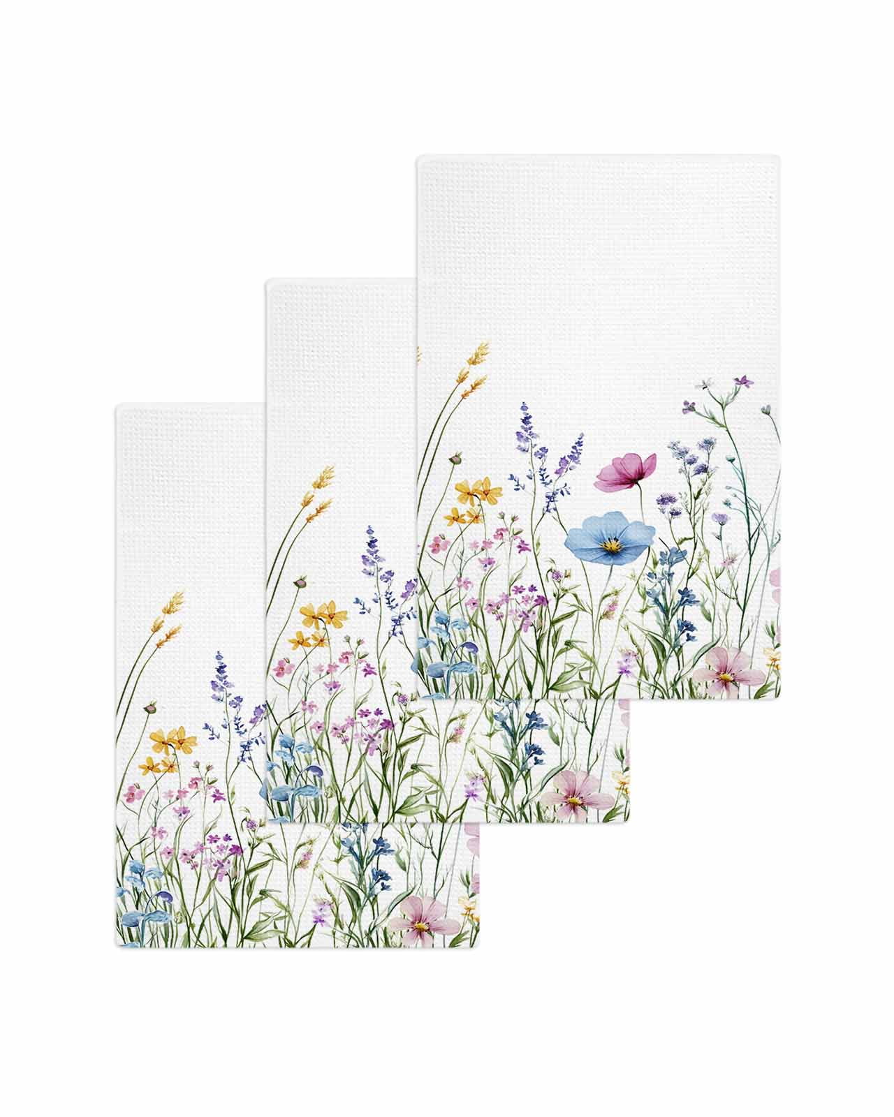 Spring Floral Kitchen Dish Towels for Drying Dishes Set of 3, Colorful Botanical Wildflower ...